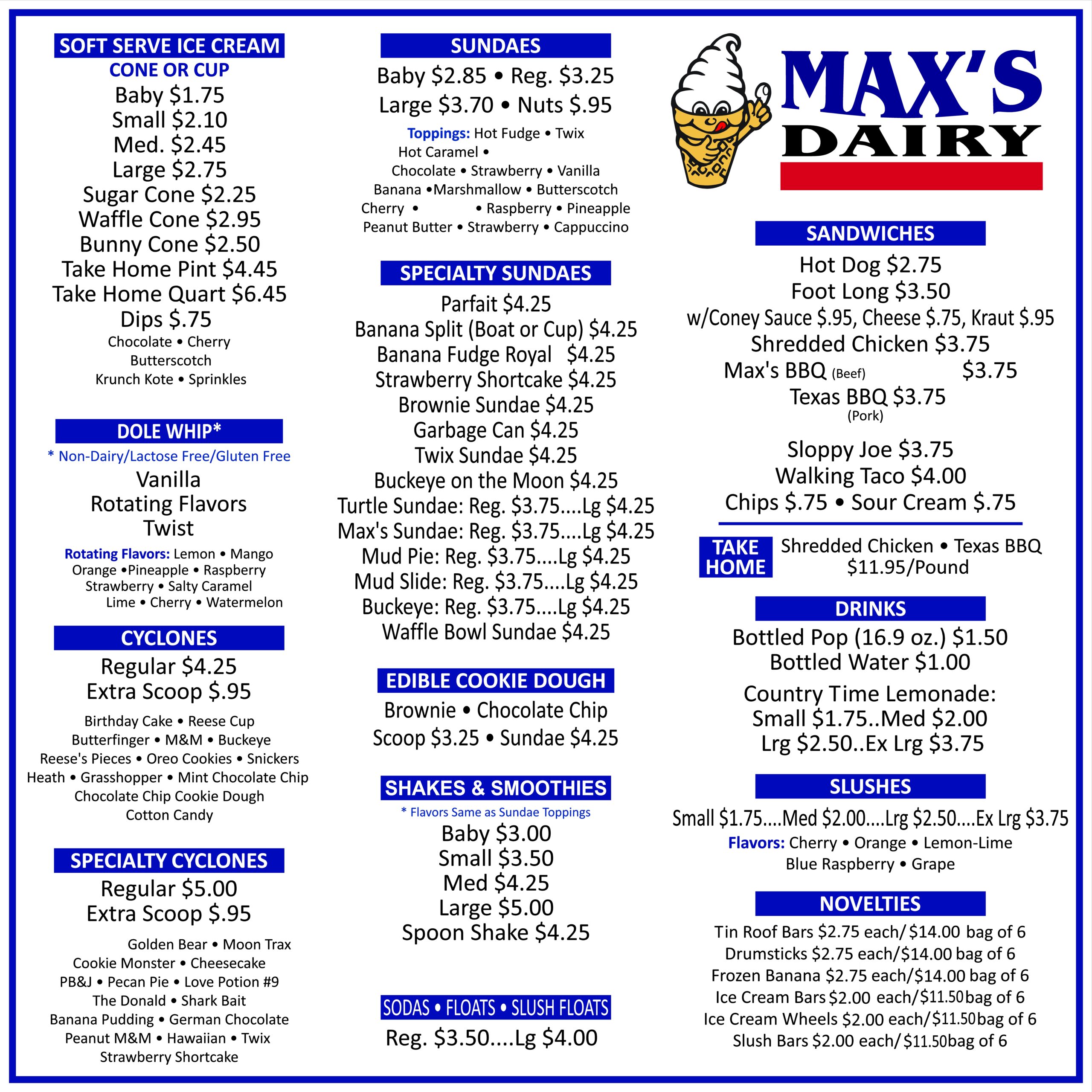 MENU - Max's Dairy - Soft Serve, Hard Dip, Sandwiches, & More!